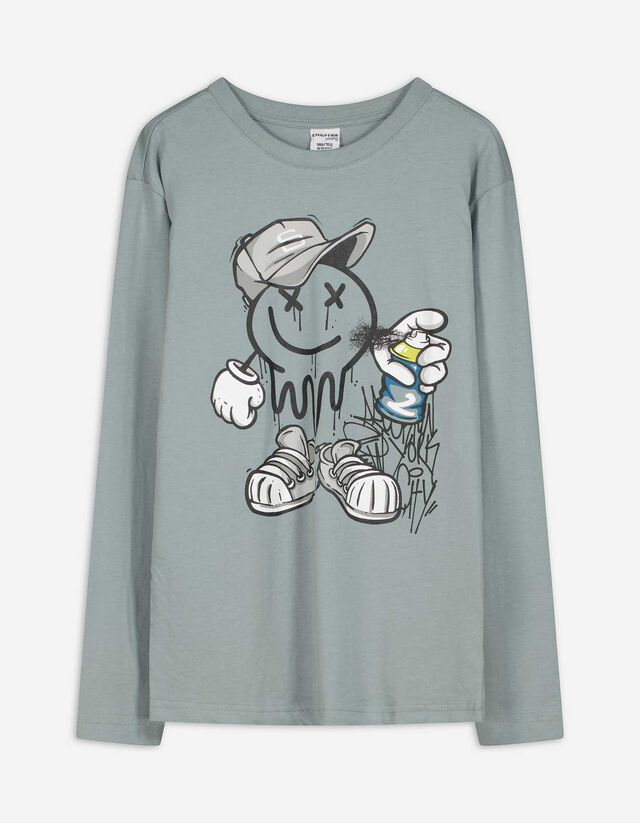 Tričko s dlouhým rukávem - Přední potisk - svetle modra - Takko Fashion