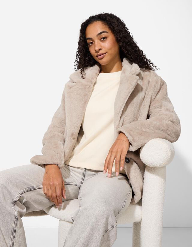 Mantel - Kunstfell - Beige - Takko Fashion