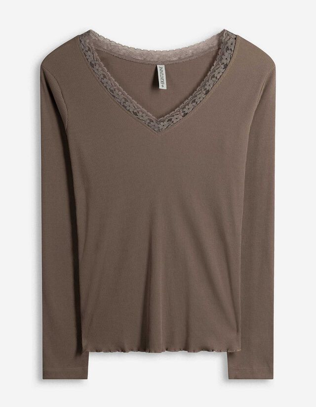 Tričko s dlouhým rukávem - Krajková aplikace - svetle hneda - Takko Fashion