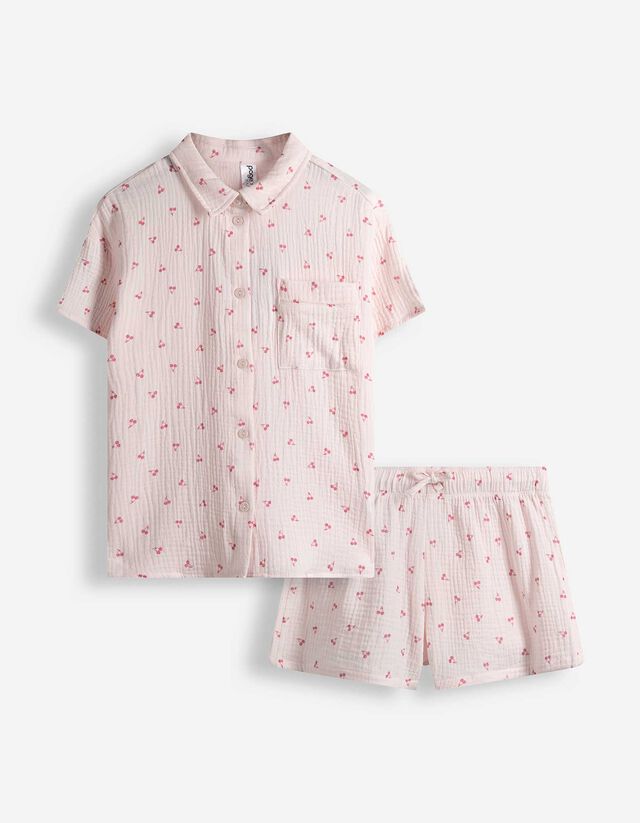 Pyjama Set aus Shirt und Hose - Musselin - rosa - Takko Fashion
